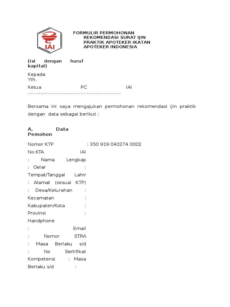 Form Permohonan Rekomendasi SIPA | PDF