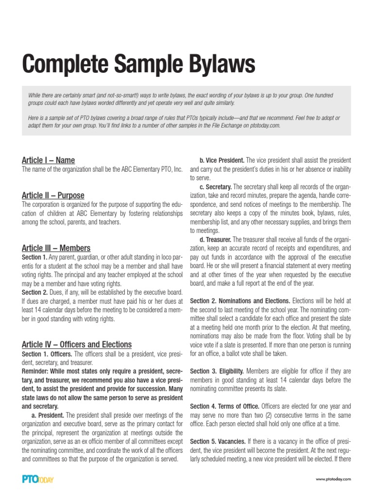 PTO Bylaws Complete Sample | PDF | Conflict Of Interest | Board Of ...