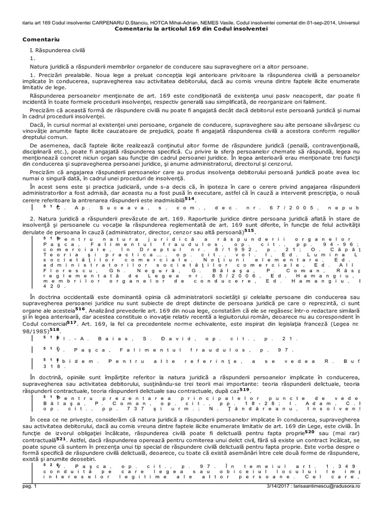 Comentariu Art 169 Codul Insolventei Carpenaru D Stanciu Hotca Mihai ...