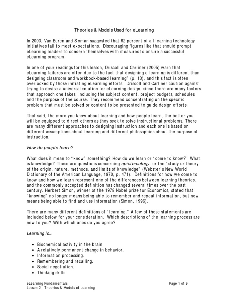 E Learning Theories Models | PDF