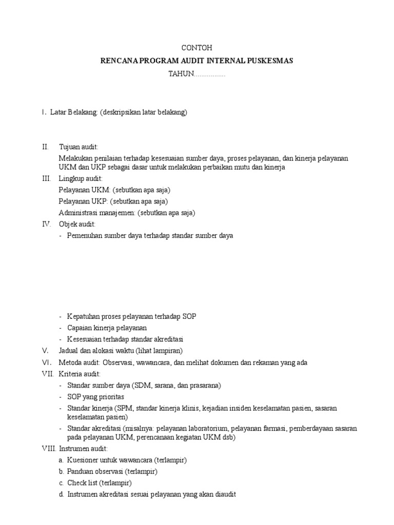 Contoh Rencana Audit Internal Puskesmas | PDF