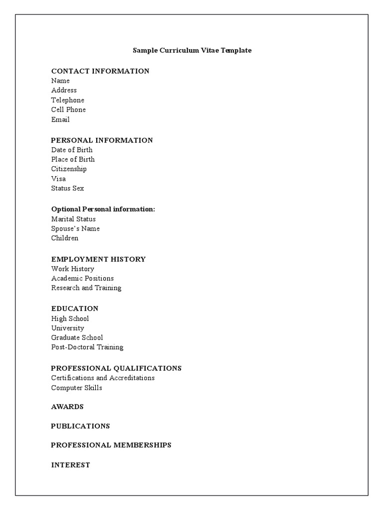 Sample Curriculum Vitae Template | PDF
