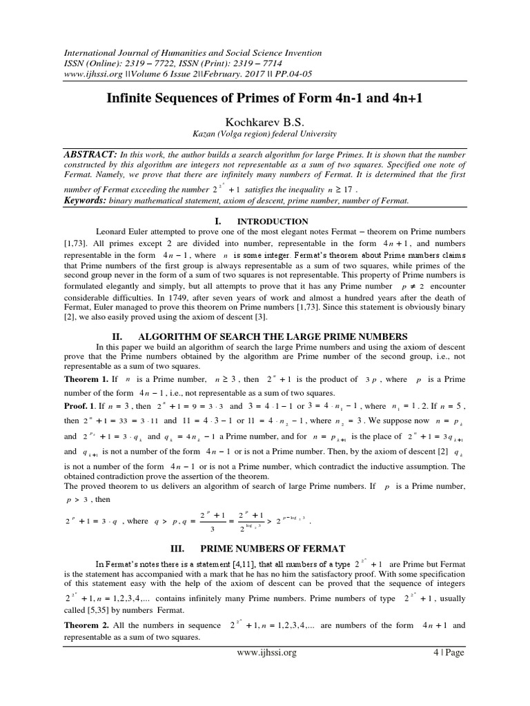 Infinite Sequences of Primes of Form 4n-1 and 4n+1 | PDF | Prime Number ...