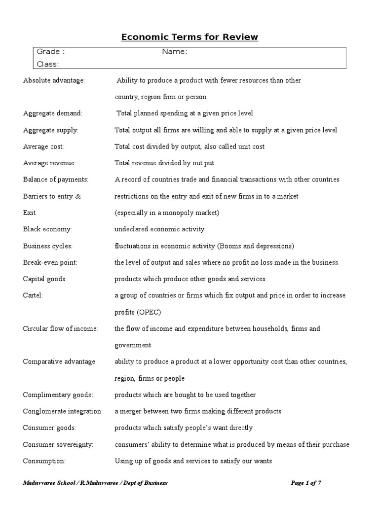 Economic Terms for Review: A Comprehensive Glossary of Key Economic ...