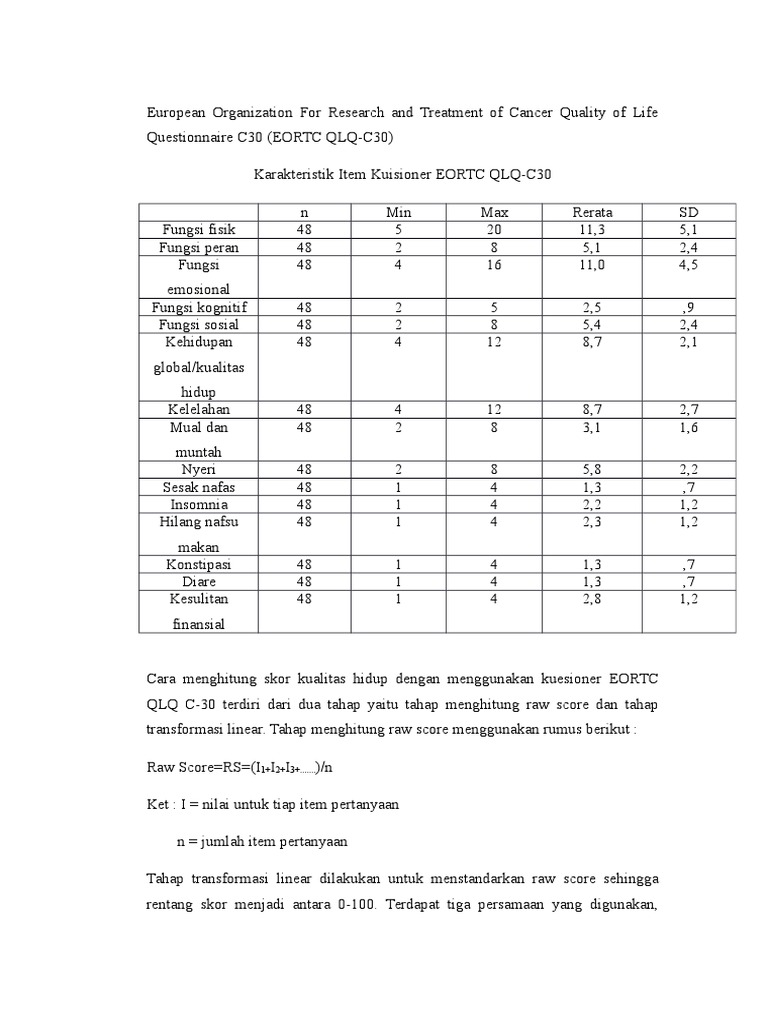 Assessing Quality of Life in Cancer Patients: Scoring the EORTC QLQ-C30 Questionnaire | PDF