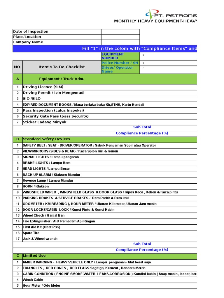Monthly Inspection Checklist | PDF | Truck | Automotive Technologies