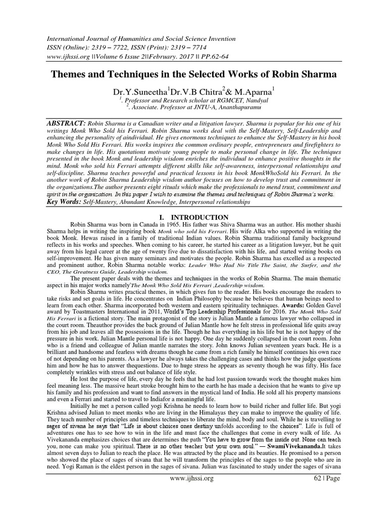 Themes and Techniques in The Selected Works of Robin Sharma | PDF ...