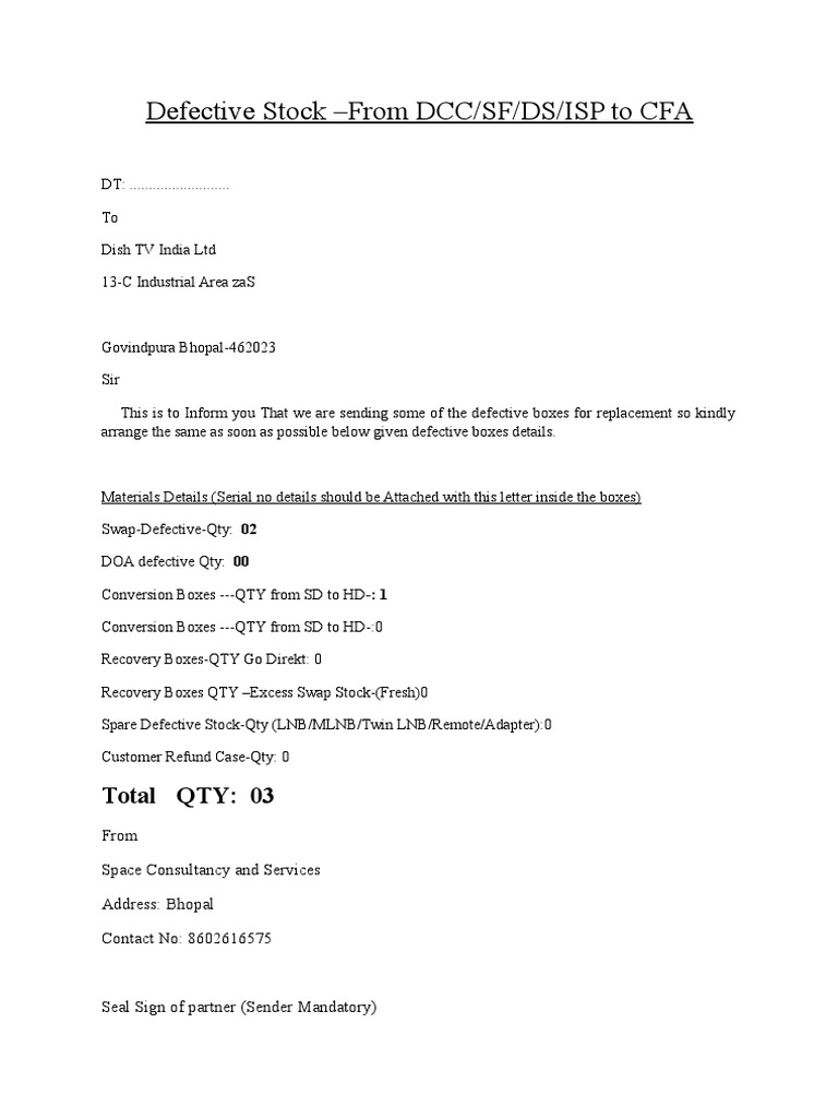 Defective Stock - From DCC/SF/DS/ISP To CFA: Total QTY: 03 | PDF