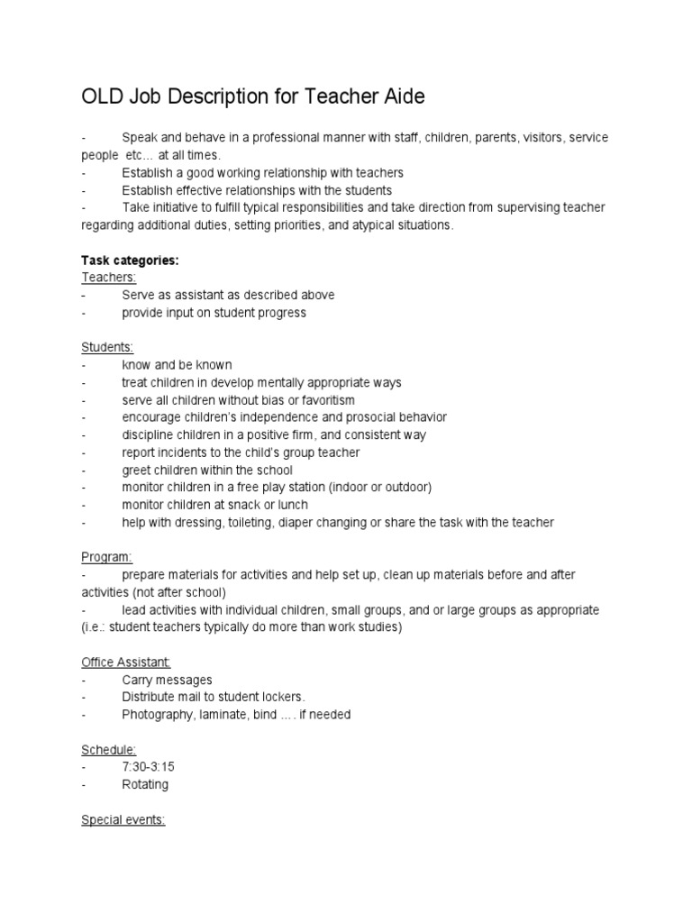 OLD Job Description For Teacher Aide: Task Categories | PDF