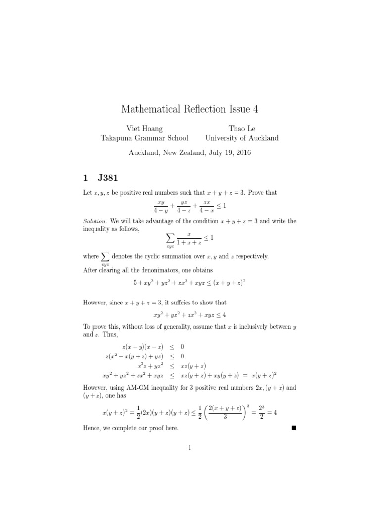 Mathematical Reflection Issue 4 2016 | PDF | Space | Elementary Geometry