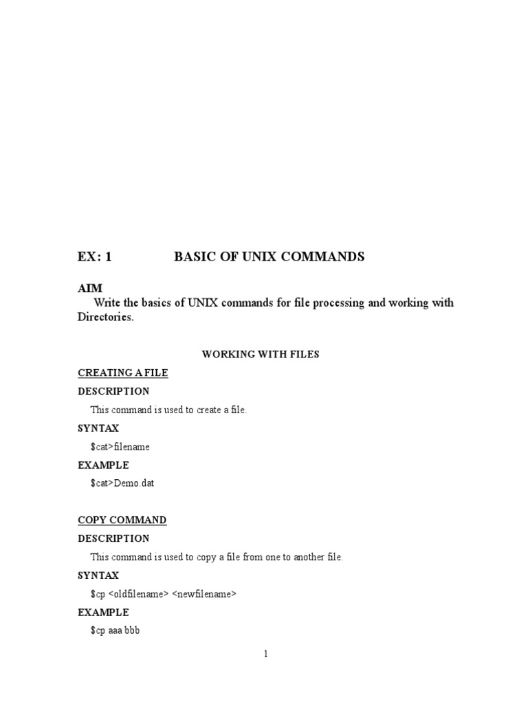 Ex 1 Basic Of Unix Commands Write The Basics Of Unix Commands For 