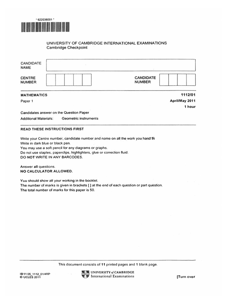 Secondary Checkpoint - Math (1112) April 2011 Paper 1 PDF | PDF