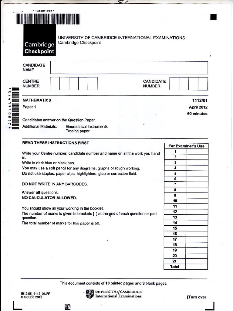Secondary Checkpoint - Math (1112) April 2012 Paper 1 PDF