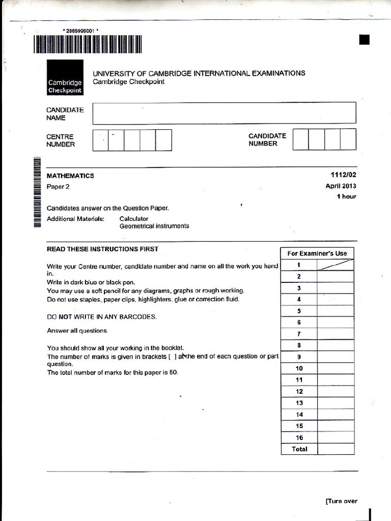 1112 Maths Checkpoint Past Paper 2020 | PDF