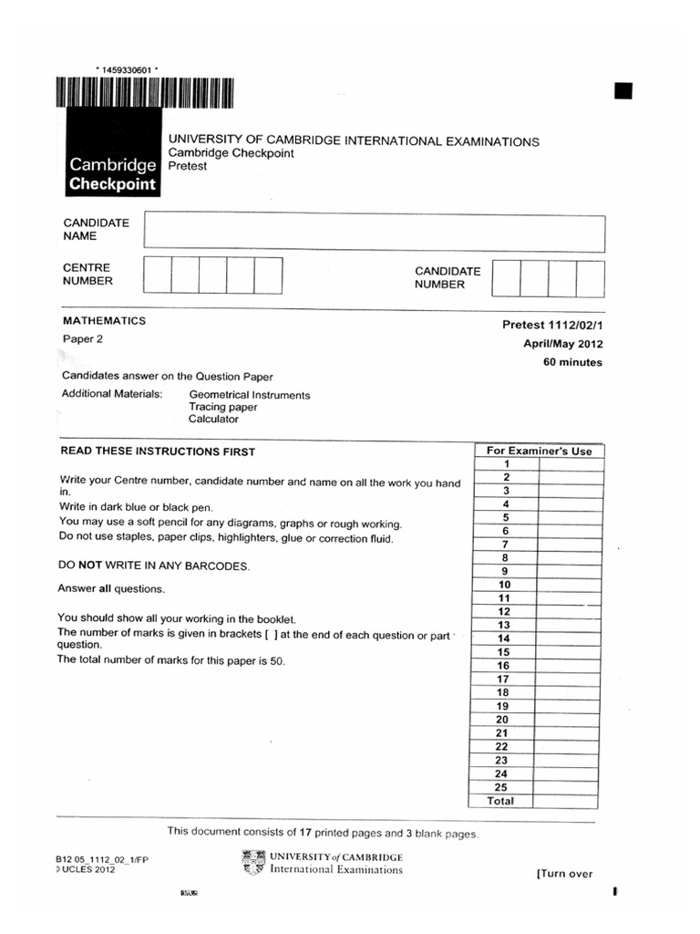 Secondary Checkpoint - Math Pre Test (1112) April 2012 Paper 2 PDF | PDF