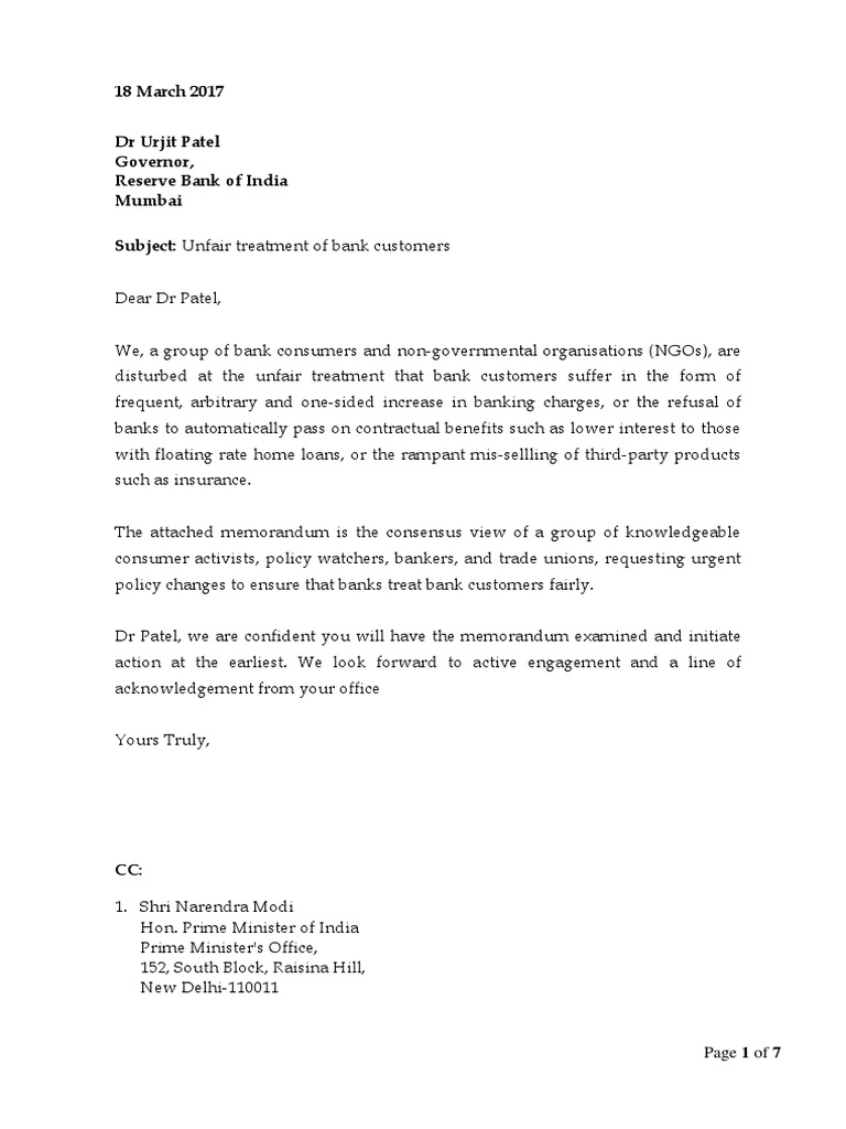 Memorandum to RBI on Banking Charges-Final | Reserve Bank Of India | Banks