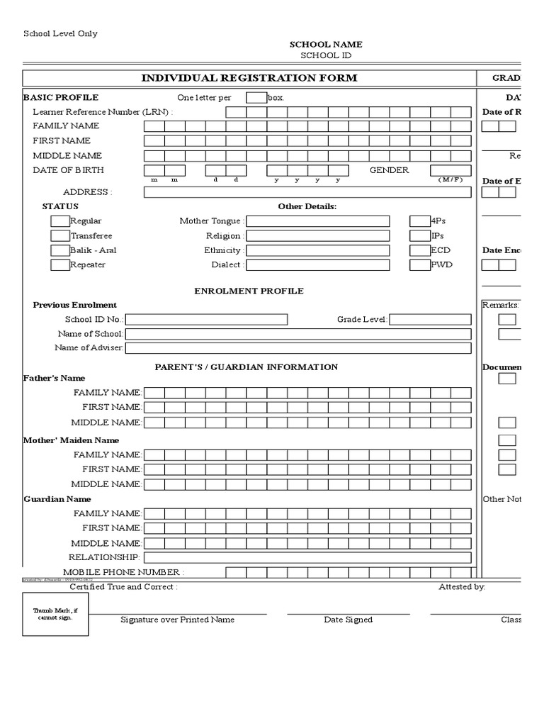 2017 Learner Individual Registration Form - Sample Only | PDF
