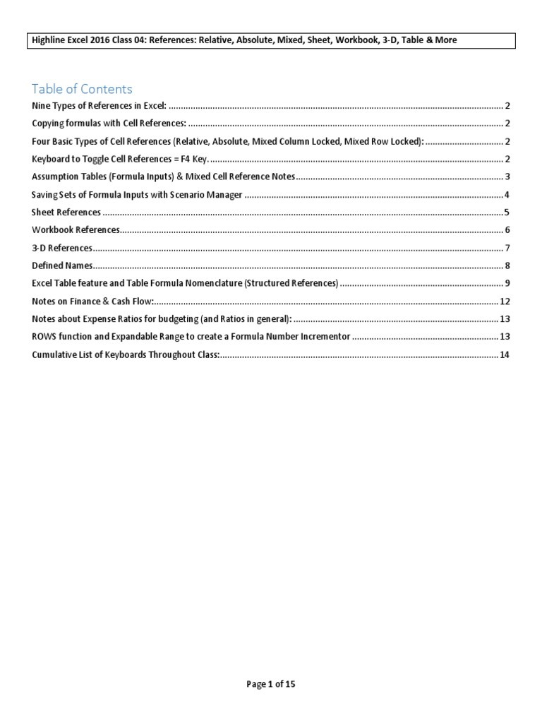 Highline Excel 2016 Class 04 Cell References Defined Names Table Formula Nomenclature | PDF ...