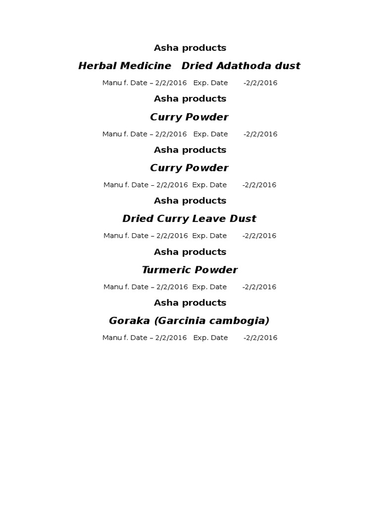 Herbal Medicine Dried Adathoda Dust: Asha Products | PDF | Wellness