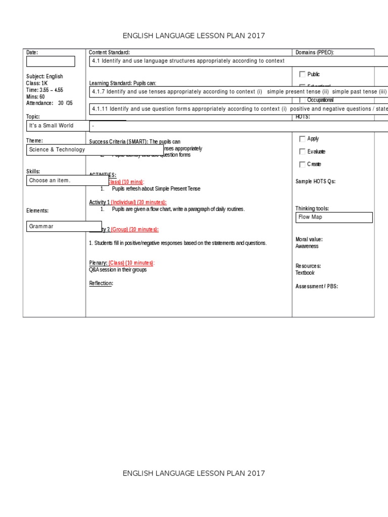 English Language Lesson Plan 2017: (Class) (10 Mins) | PDF | Lesson ...