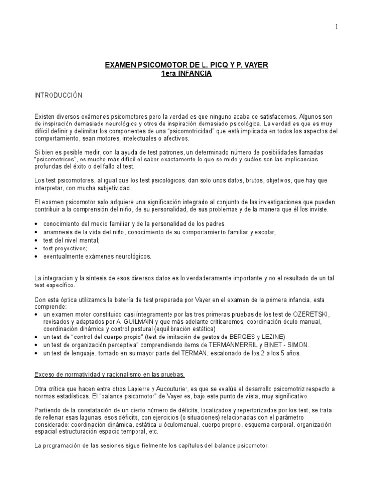 Examen Psicomotor de L. Picq y P. Vayer | PDF | Conocimiento | Ciencia ...