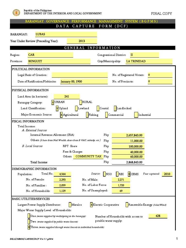 Data Capture Form (DCF) : Barangay Governance Performance Management ...