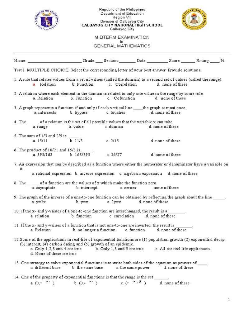 Gen Math Midterm EXAM | PDF