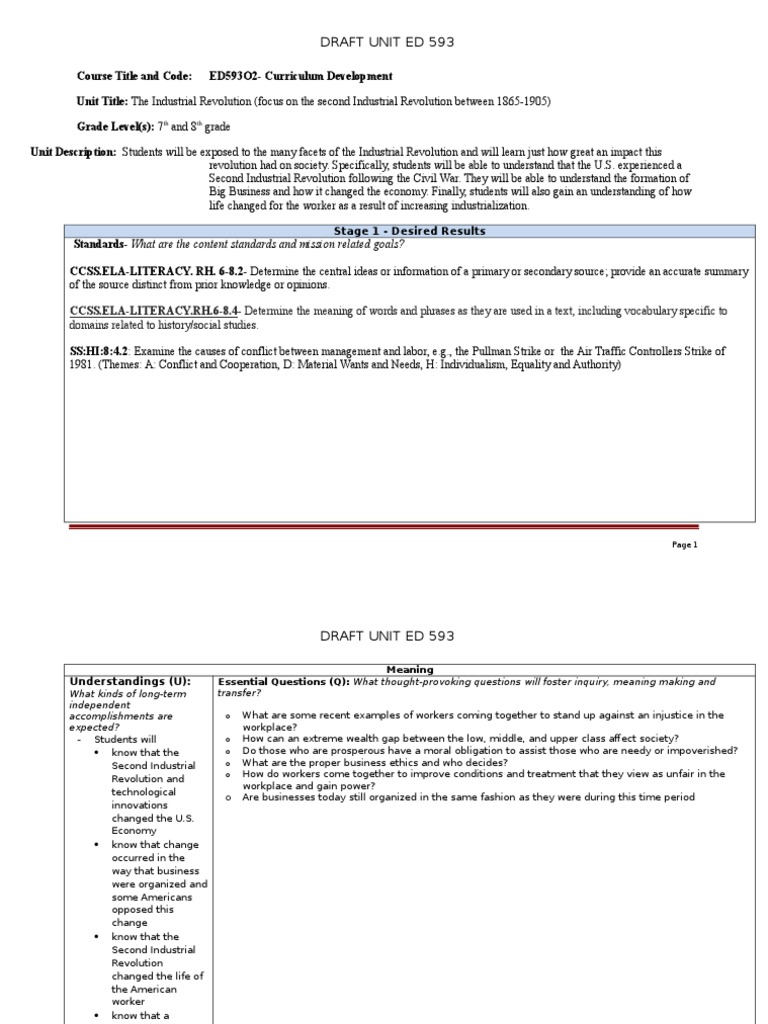 Second Industrial Revolution Unit Plan | PDF | Educational Assessment ...
