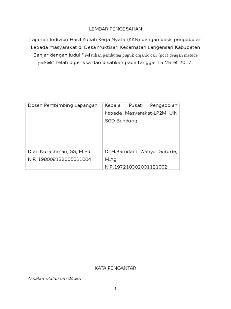 Kata Pengantar Laporan Individu Hasil Kuliah Kerja Nyata (KKN) | PDF