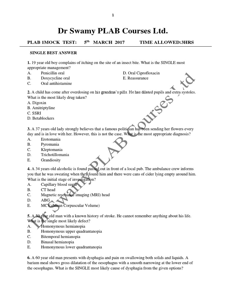 Plab 1 Mock 5th March 2017 | PDF | Headache | Combined Oral ...
