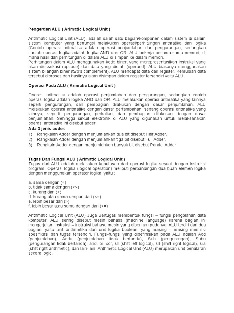Pengertian ALU (Arimatic Logical Unit) : Ada 3 Jenis Adder | PDF