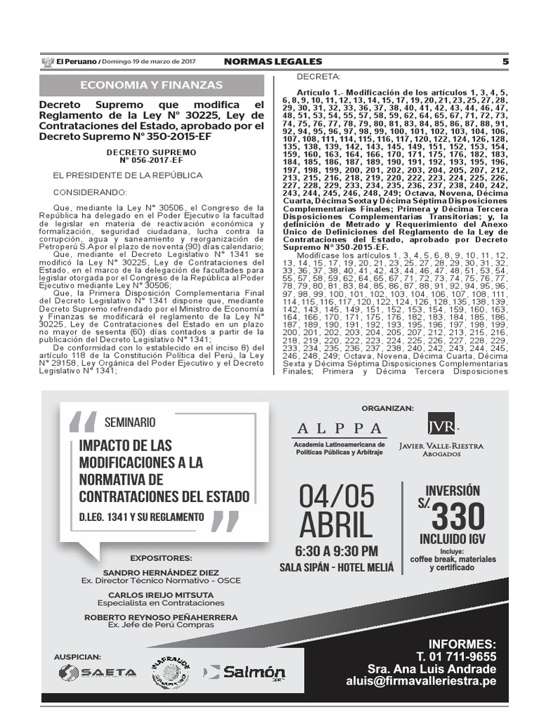 Decreto Supremo Que Modifica El Reglamento De La Ley N° 30225 Ley De
