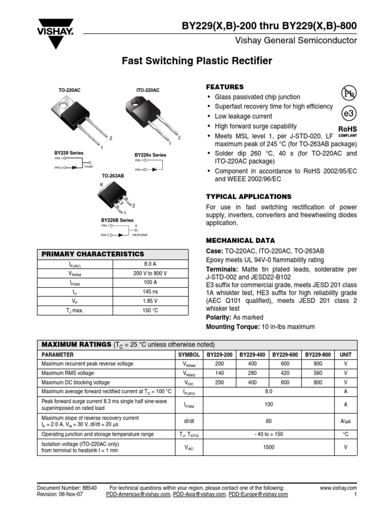 BY229 (X, B) - 200 Thru BY229 (X, B) - 800: Vishay General ...