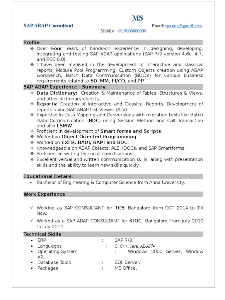 Ms Abap Resume SAMPLE | PDF | Digital Technology | Information Technology