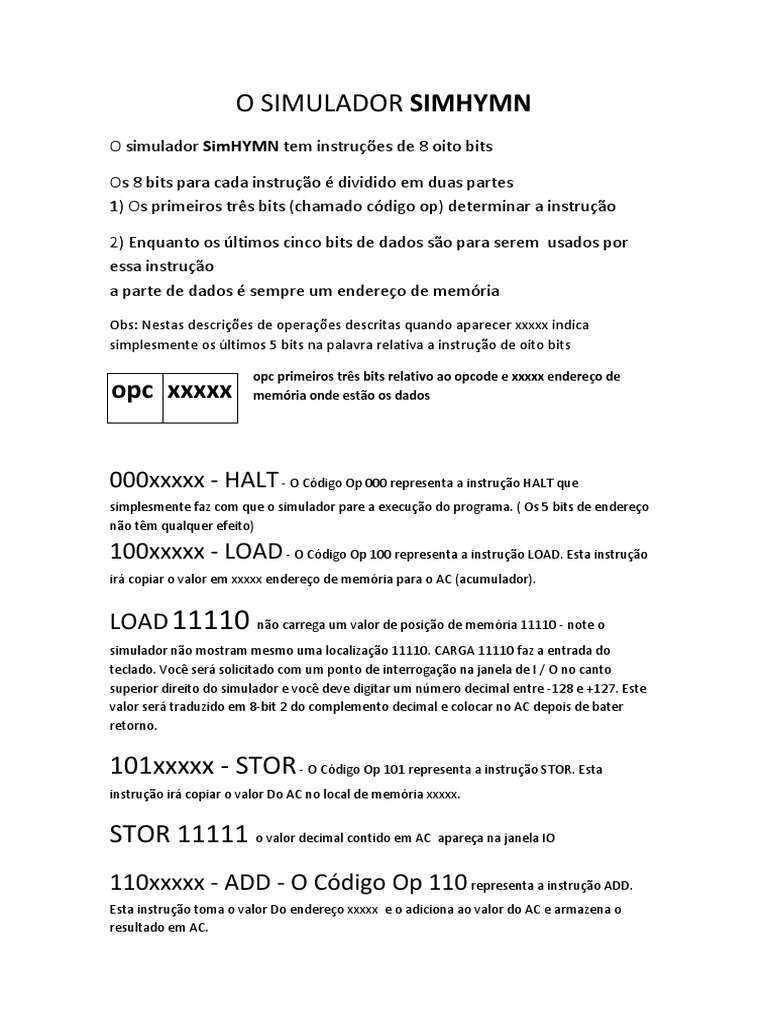 O Simulador Simhymn e Codigos de Operacao | PDF