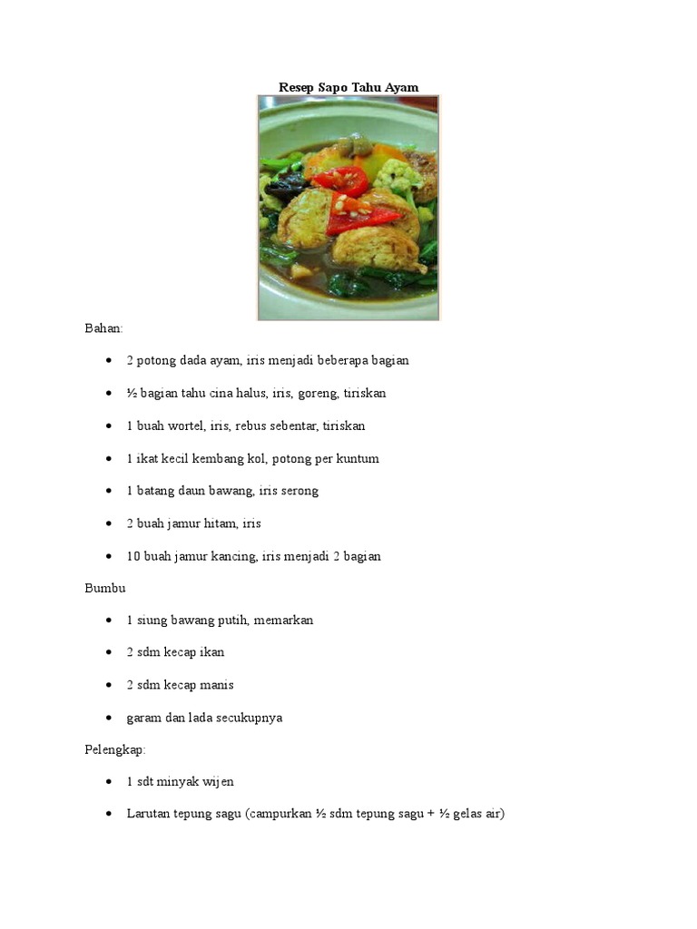 Resep Sapo Tahu Ayam Rendah Serat | PDF