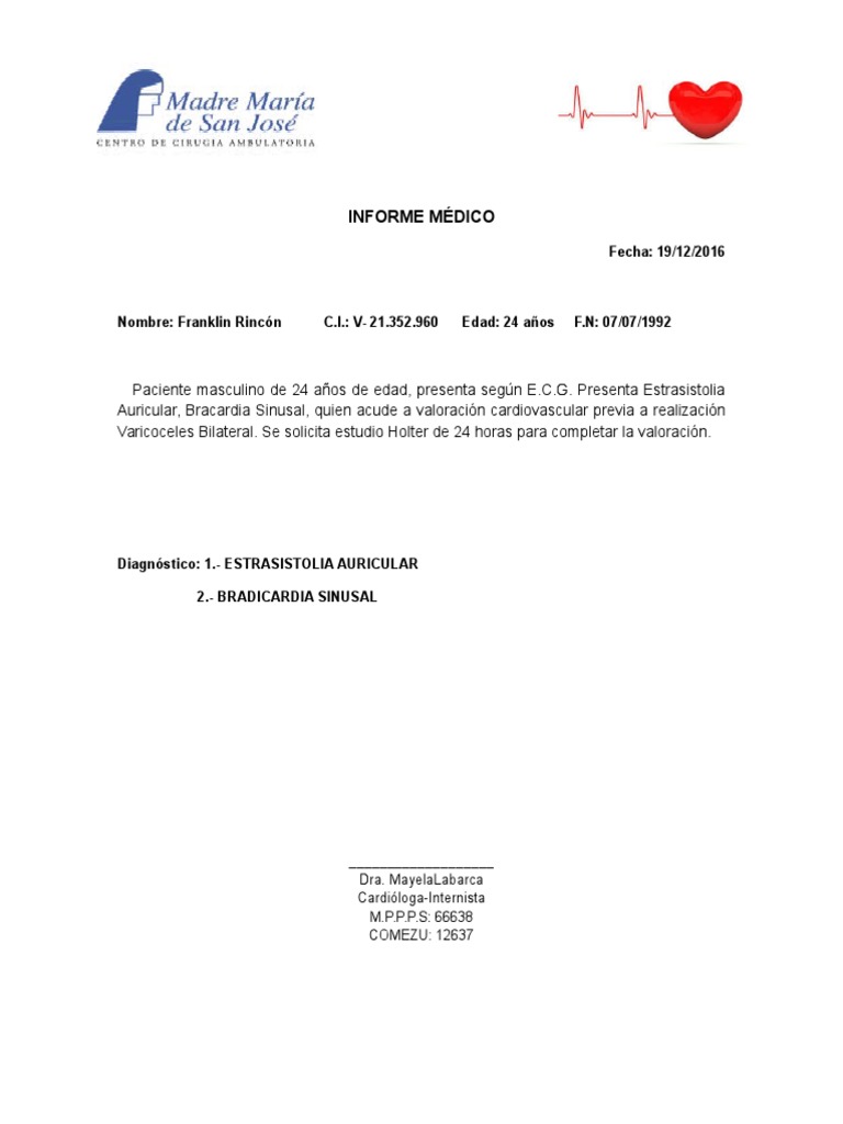 Informe Cardiológico de Franklin Rincón | PDF