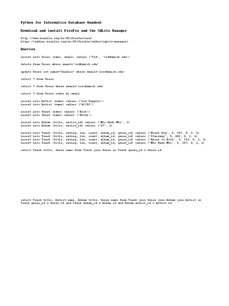Python For Informatics Database Handout Download and Install Firefox and The Sqlite Manager | PDF