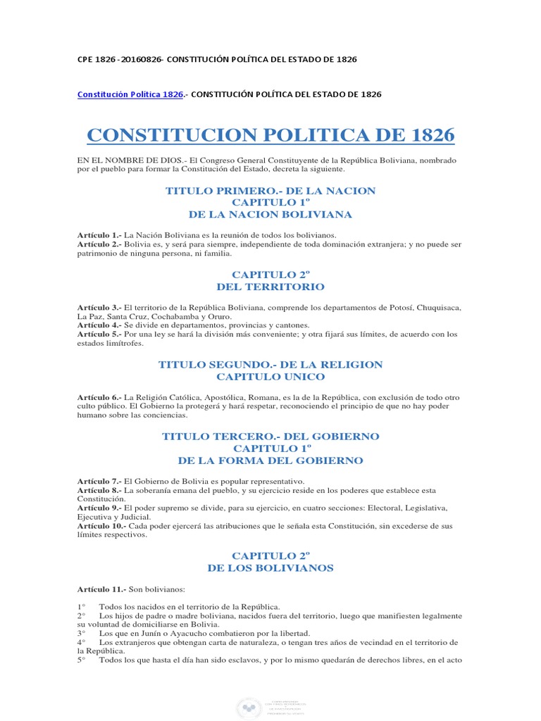 Cpe 1826 - 20160826 - Constitución Política Del Estado de 1826 | PDF ...