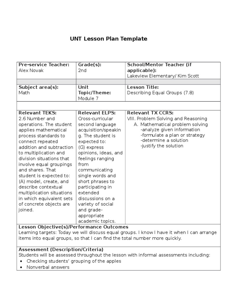 UNT Lesson Plan Template: Pre-Service Teacher: Grade(s) : School/Mentor ...