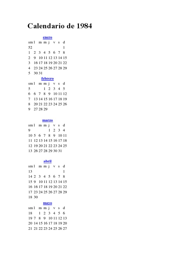 Calendario Completo de 1984 | PDF | Juegos y actividades | Métodos y ...