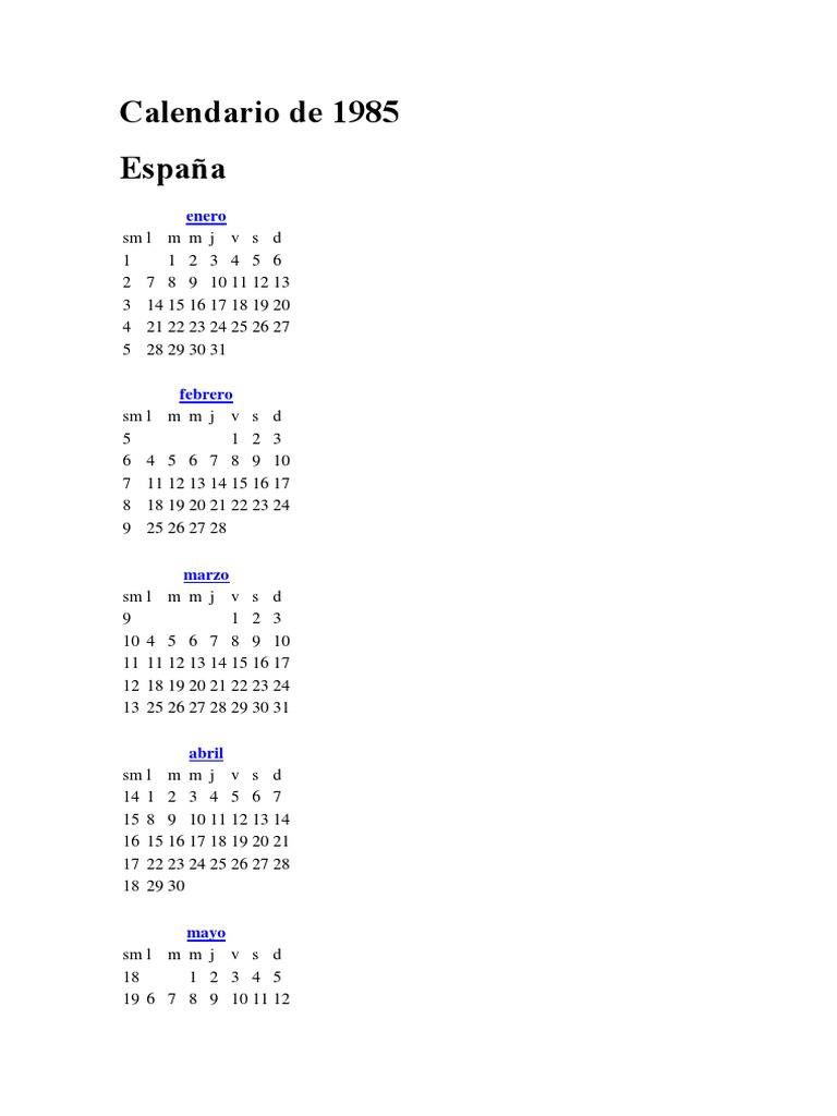 Calendario de 1985 | PDF