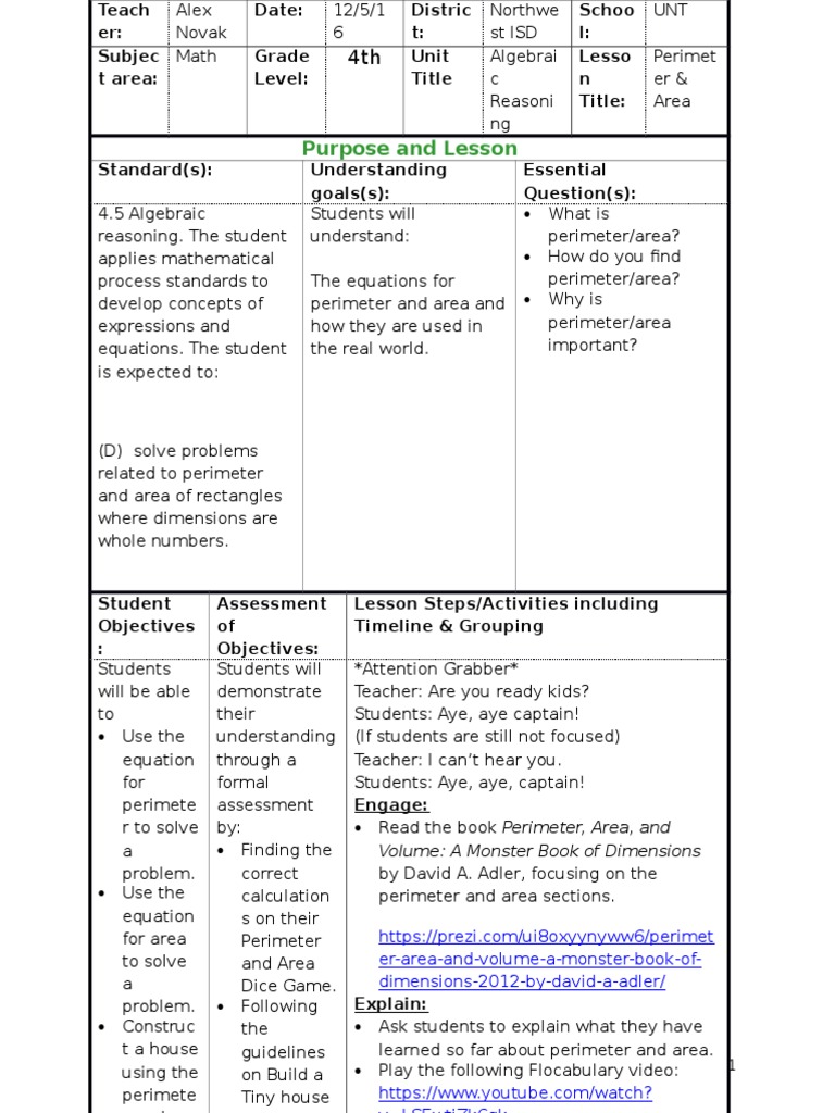 Area and Perimeter | PDF | Lesson Plan | Teaching Mathematics