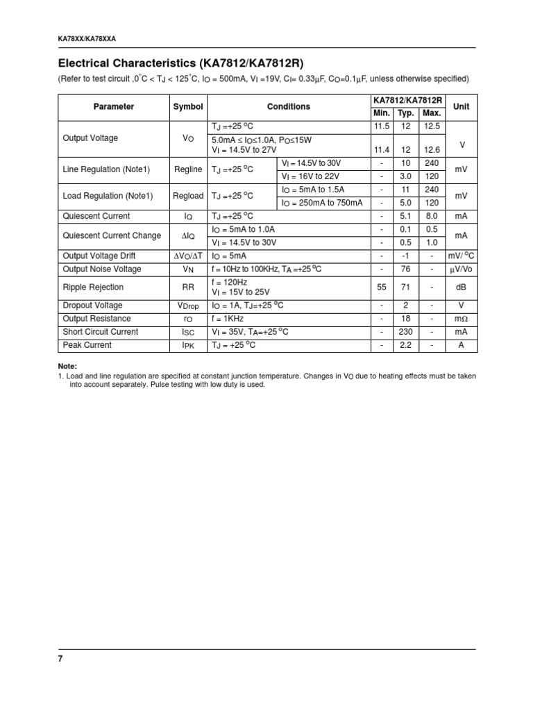 Electrical Characteristics (KA7812/KA7812R) : Parameter Symbol Conditions KA7812/KA7812R Unit ...