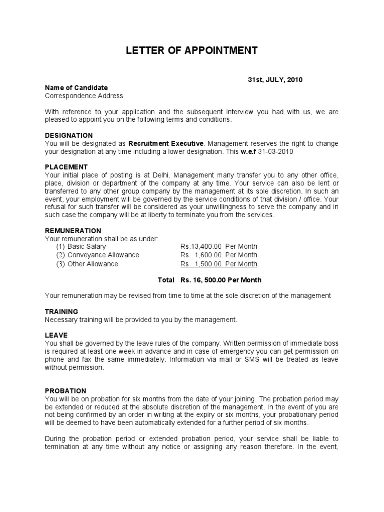 Letter of Appointment | PDF | Employee Benefits | Employment