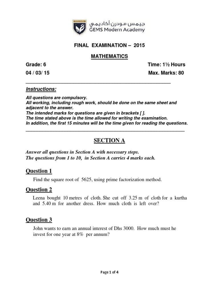 Instructions:: Section A | PDF | Teaching Mathematics | Science