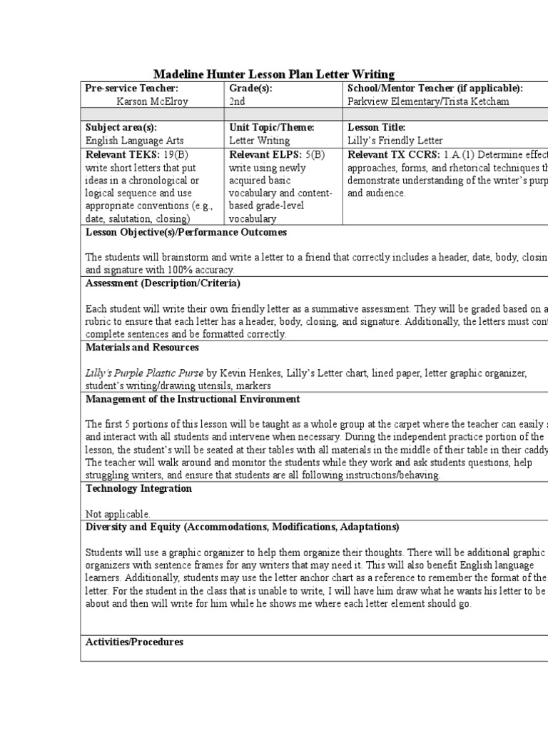 2nd Grade Letter Writing Lesson Plan | PDF | Homework | Educational ...