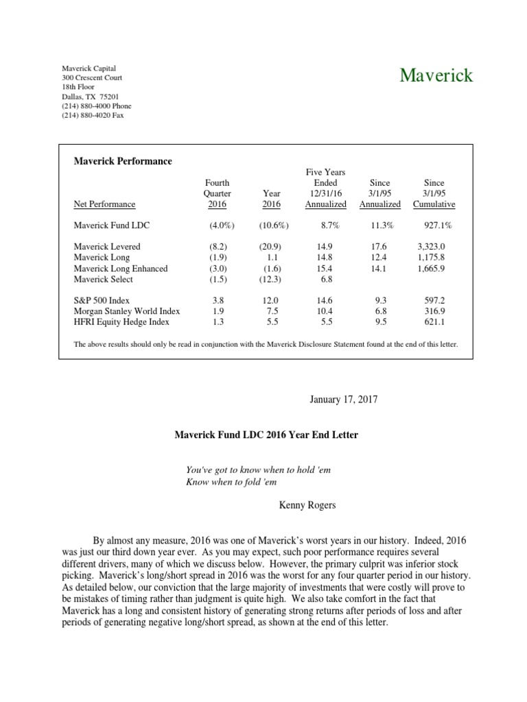 Maverick Capital Q4 2016 | PDF | Hedge Fund | Beta (Finance)