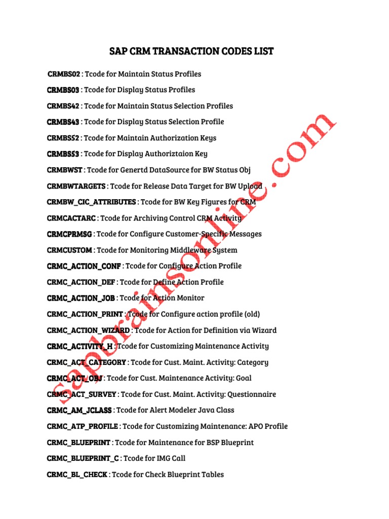 Sap CRM Transaction Codes List | PDF | Digital Technology | Software ...