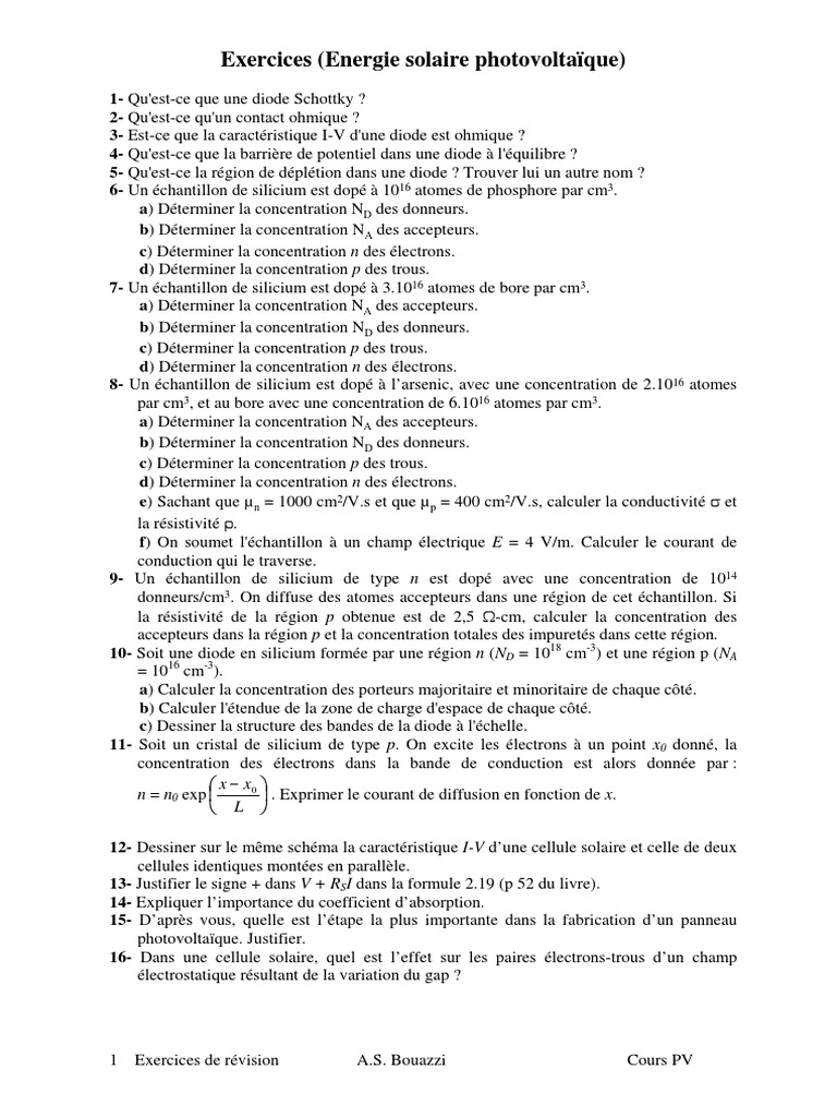 Exercices sur l'énergie solaire photovoltaïque | PDF | Dopage (semi ...